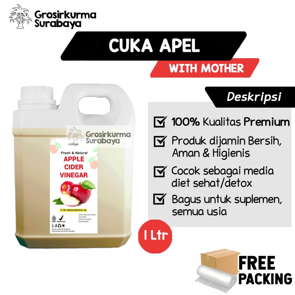 Jual CUKA APEL 1LITER ORIGINAL MURNI ORGANIC APPLE CIDER VINEGAR WITH ...