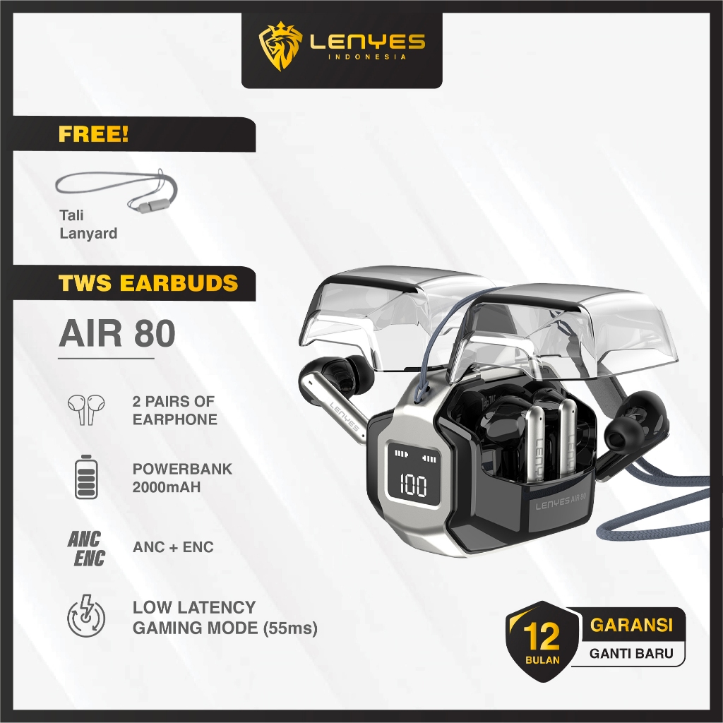 Jual LENYES AIR 80 3 IN 1 TWS ANC + ENC Wireless Earphone Bluetooth 5.3 ...