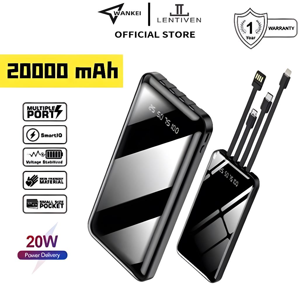 Jual WANKEI LENTIVEN Powerbank 20000 mah 4 Cables Fast Charging Mini ...