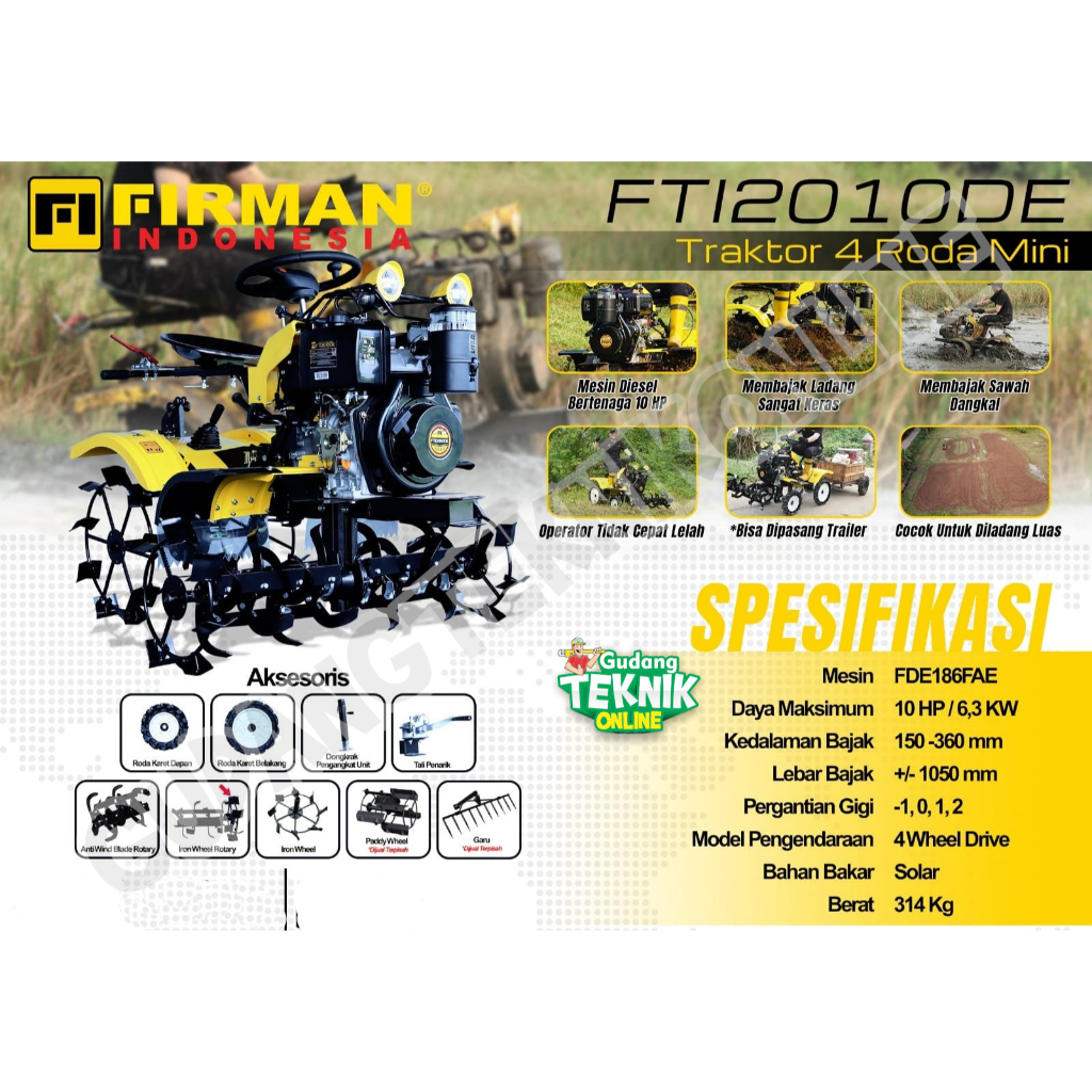 Jual FIRMAN Mesin Traktor Mini 4 Roda FIRMAN FTI2010DE DIESEL 10HP ...