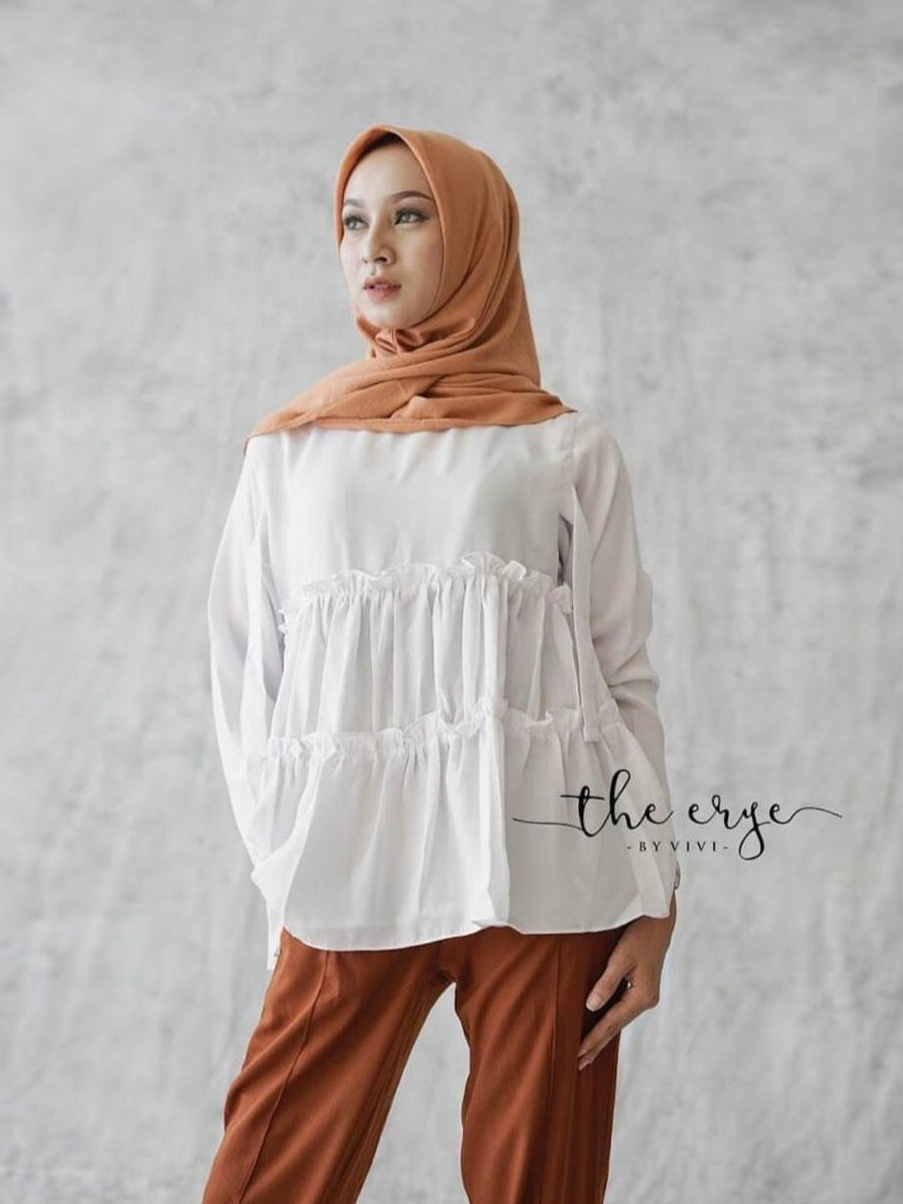 Jual Blouse Elegant Frill Putih | Shopee Indonesia