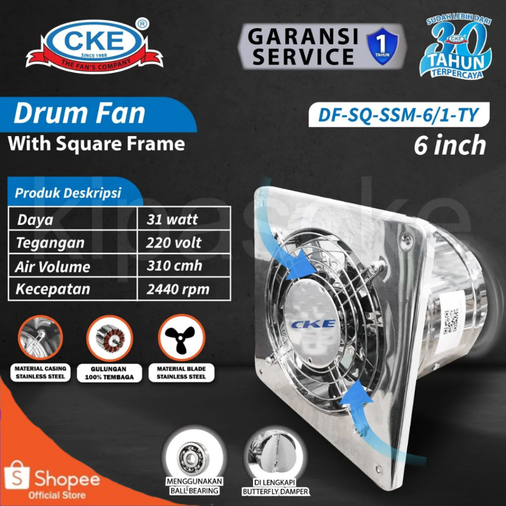Jual CKE Drum Fan Stainless DF-SQ-SSM-6/1-TY ukuran 6" Inch 220V Duct ...
