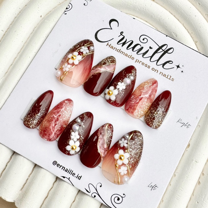 Jual Maroon flower gradasi press on nails | handmade nail art | Shopee ...
