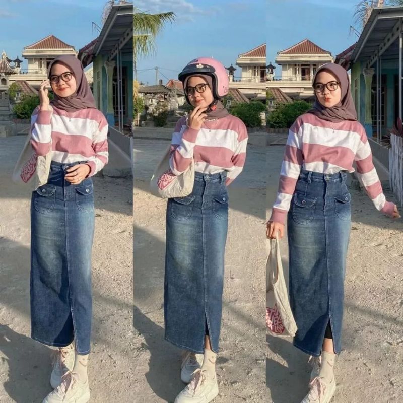 Jual One set wanita / sweater eira + hijab + rok jeans / setelan wanita ...