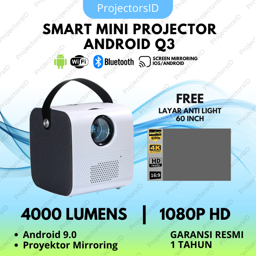 Jual Smart Proyektor Android Wifi Q3 4000 Lumens | Proyektor Android 4K ...
