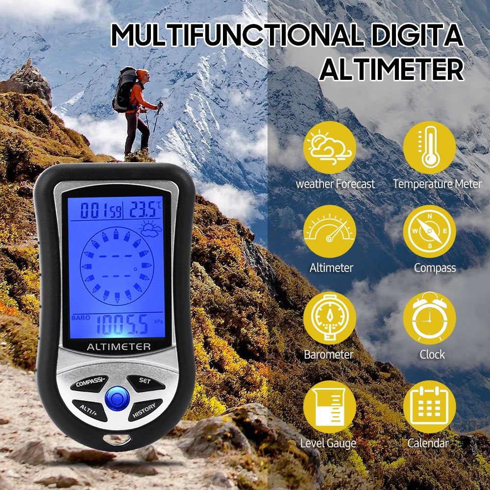 Jual Mini 8 in1 LCD Digital Altimeter Barometer Thermo OMSE1PBK Compass ...