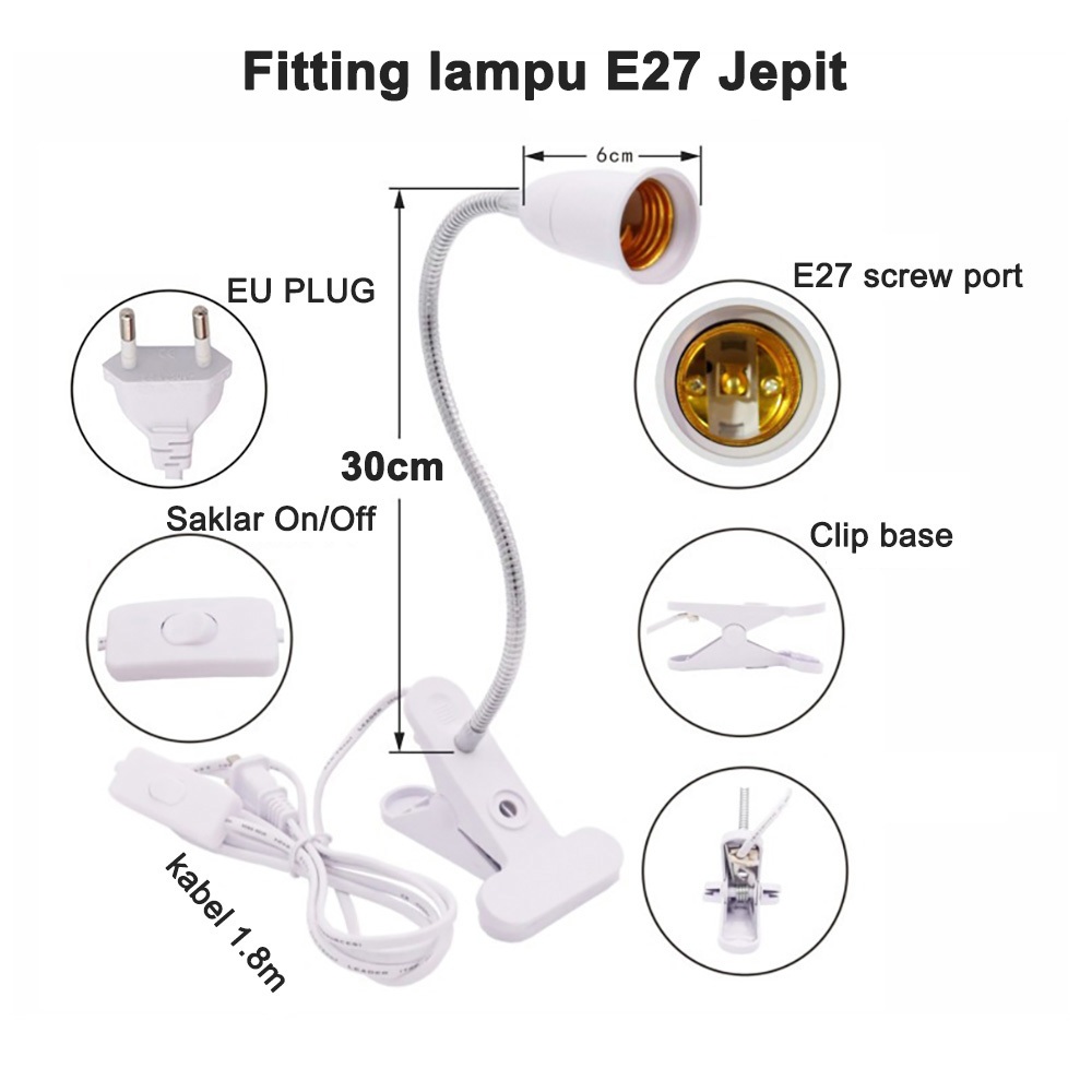 Jual Clamp Fleksibel Fitting lampu E27 Kap Lampu Meja Jepit + Saklar On ...
