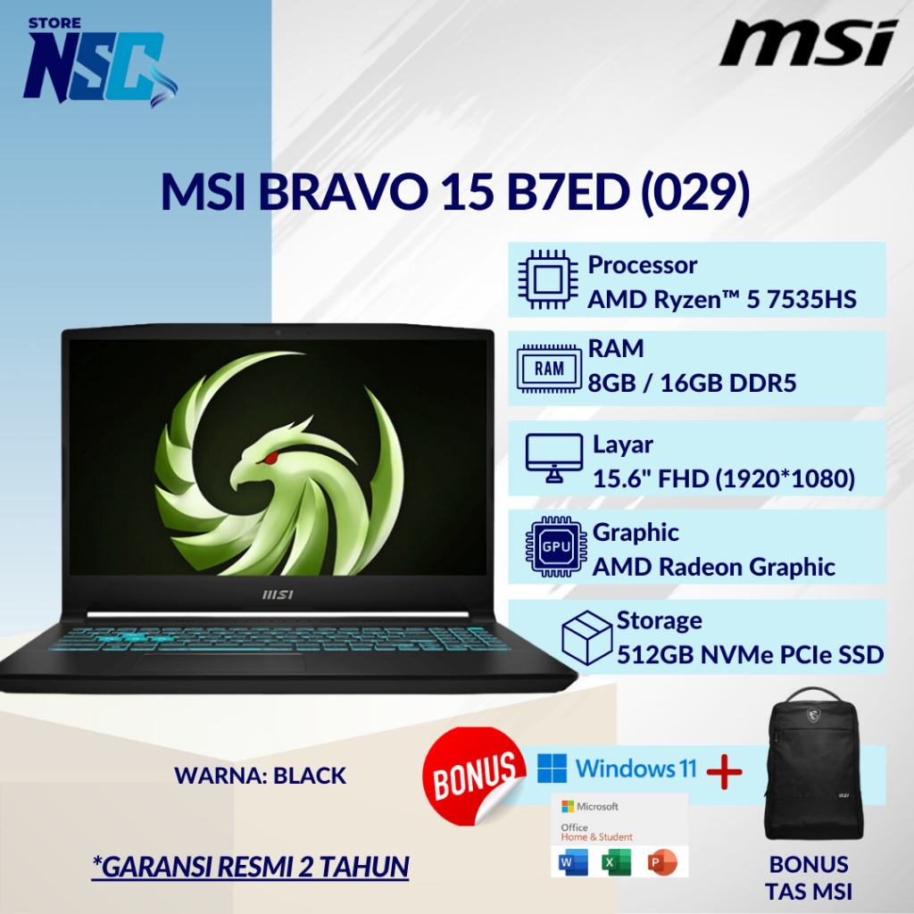Jual MSI BRAVO 15 B7ED RYZEN 5-7535HS RAM 16GB SSD 512GB 15.6" FHD ...
