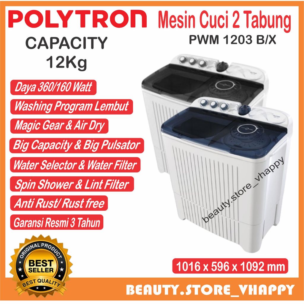 Jual MESIN CUCI 2 TABUNG POLYTRON 12 KG PWM 1203 PWM-1203 X/B GARANSI ...