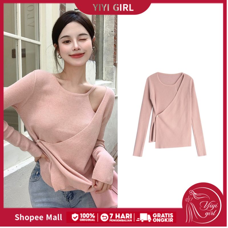 Jual YIYI GIRL Baju Atasan Wanita Kekinian V Lengan Panjang Vintage Casual Corp Rajut Top ...