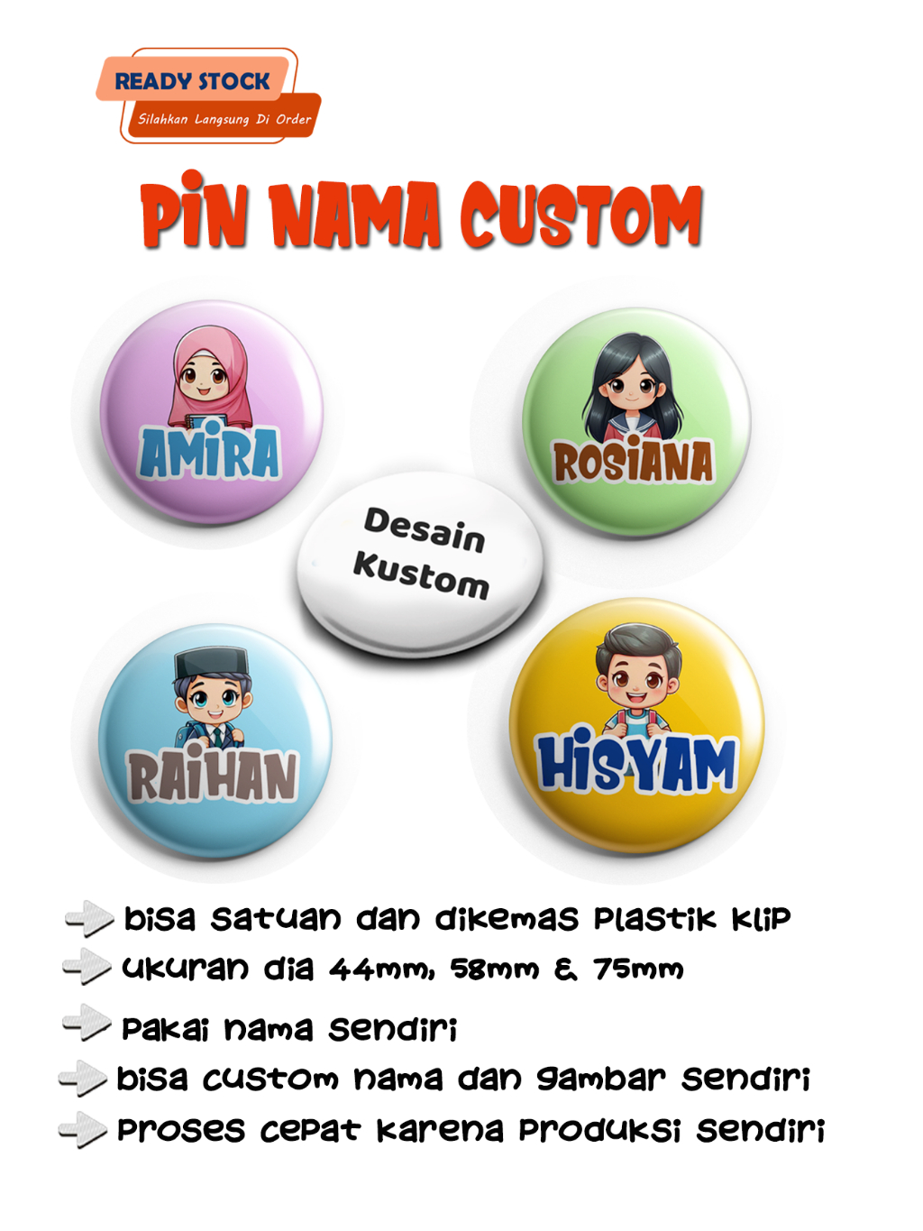 Jual Omatho Pin Nama sendiri ukuran 44mm,58mm dan 75mm | Shopee Indonesia
