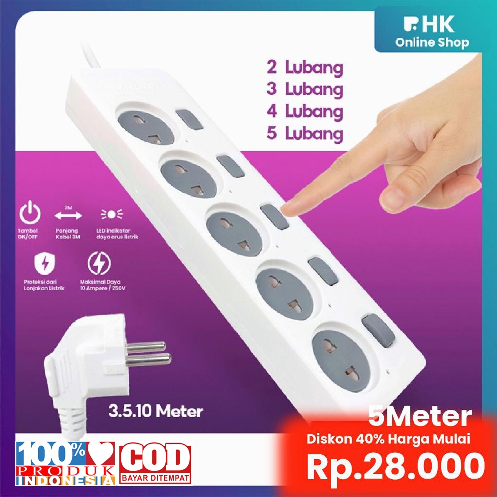 Jual Colokan Listrik Panjang 3/5/10 Meter Stop Kontak Kabel Saklar On Off dengan 3/4/5 Lubang ...