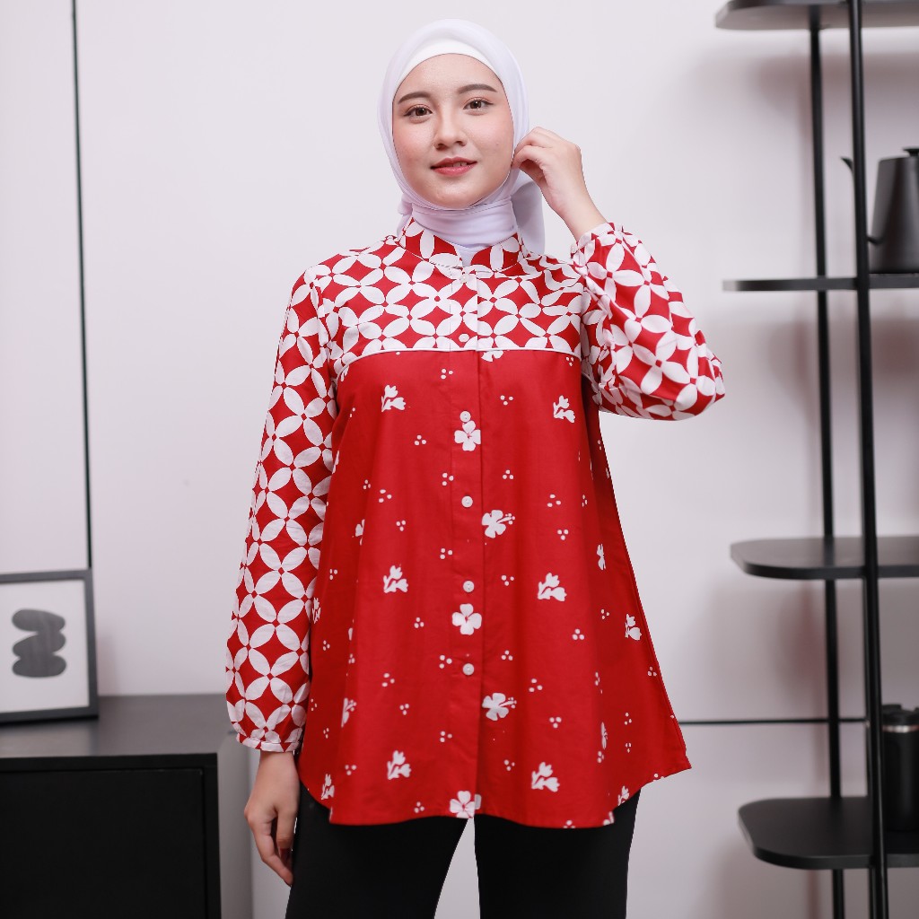 Jual Sartika Atasan Wanita Blouse Batik Kerja Merah Putih Modern ...