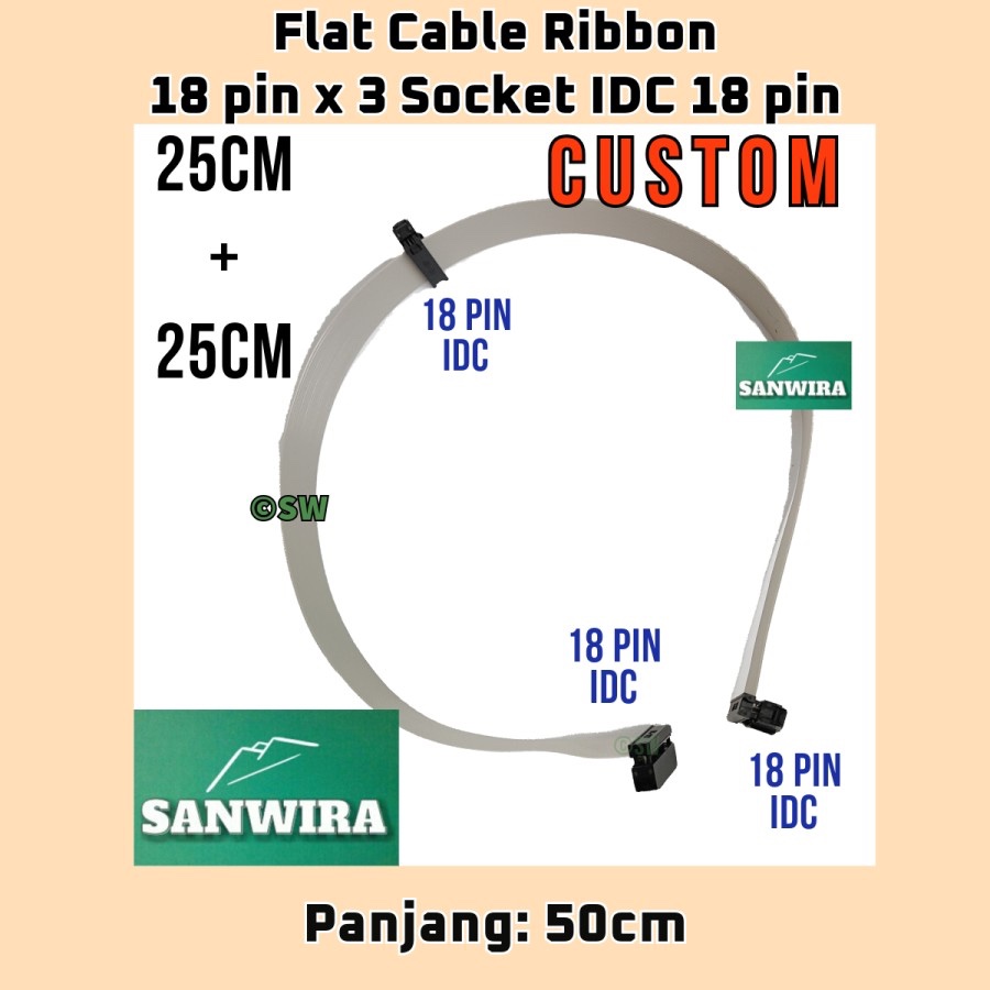 Jual Flat Cable Ribbon 18 pin x 3 socket IDC 18 pin - 50 cm (Custom ...