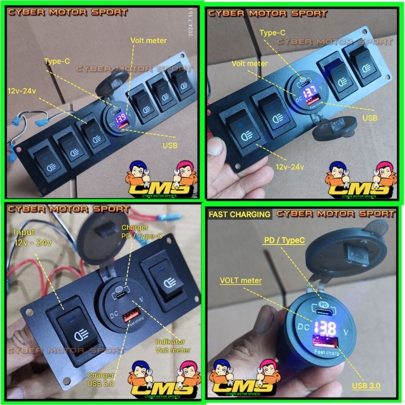 Jual Panel Dashboard 6 saklar plus USB charger Volt meter indikator DC ...