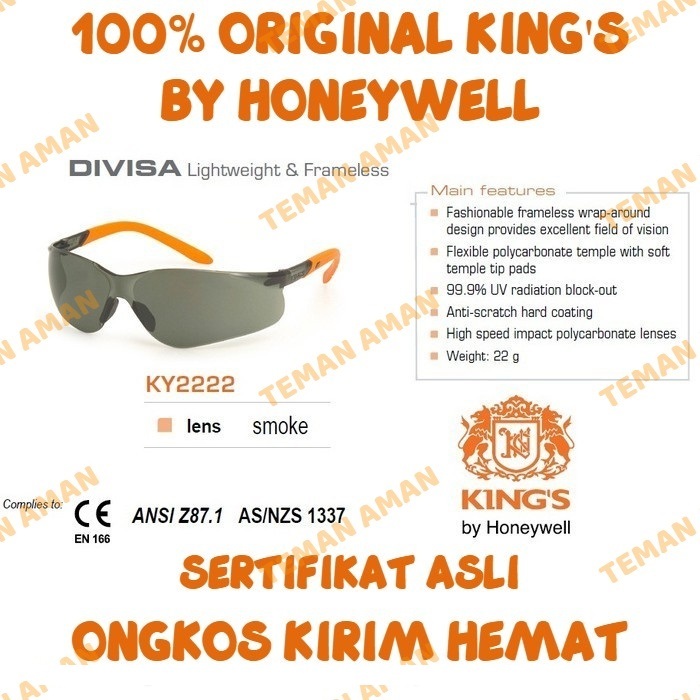 Jual KACAMATA SAFETY KY 2222 SMOKE KING KINGS KING'S BY HONEYWELL HITAM ...