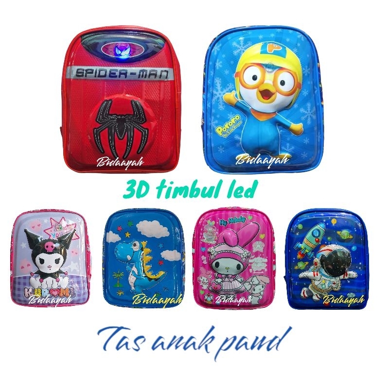 Jual TAS ANAK SEKOLAH PAUD / RANSEL 3D EMBOS PAUD TIMBUL LED 3D NYALA ( SATU RUANG ) BANYAK ...