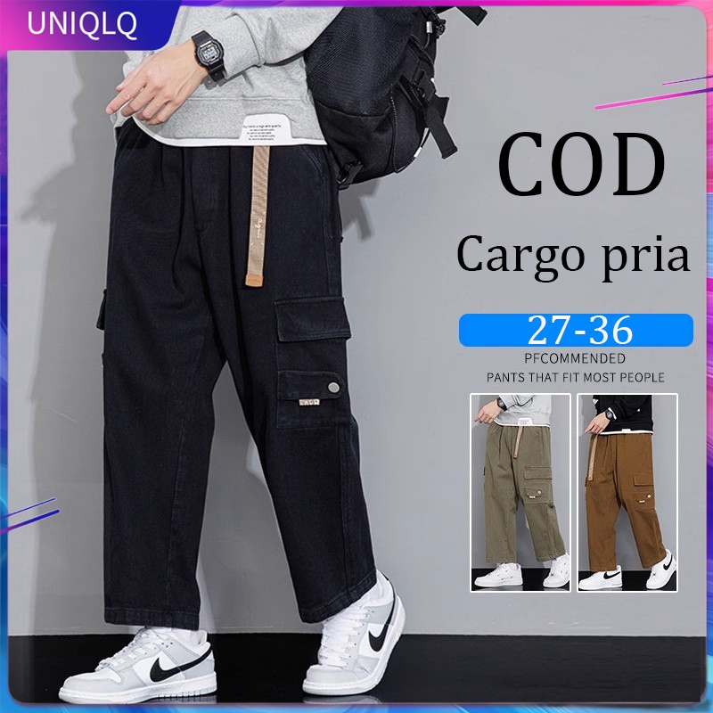 Jual Cargo Pants Pria Black Celana Cargo Panjang Pria Korean Style Straight Kulot Celana Santai ...