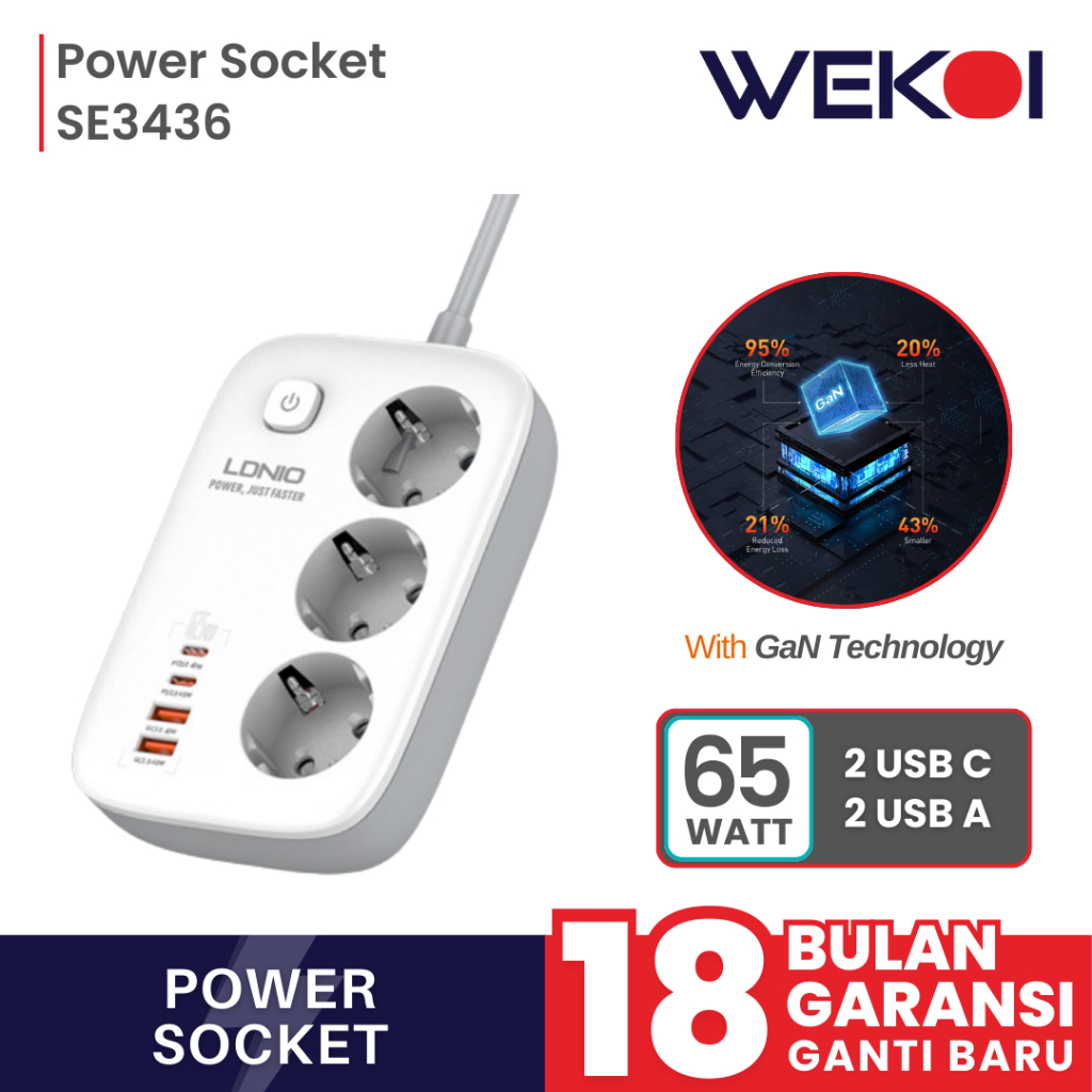 Jual LDNIO SE3436 | SC3416 Power Strip 3 Socket 3250W GaN Charger 65W 4 ...