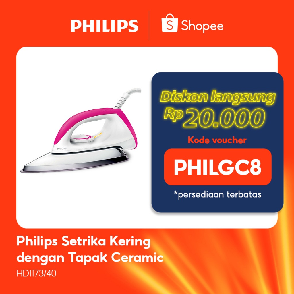 Jual Philips Setrika kering HD1173/40 Pink, Ceramic 4 Lapis, Anti ...