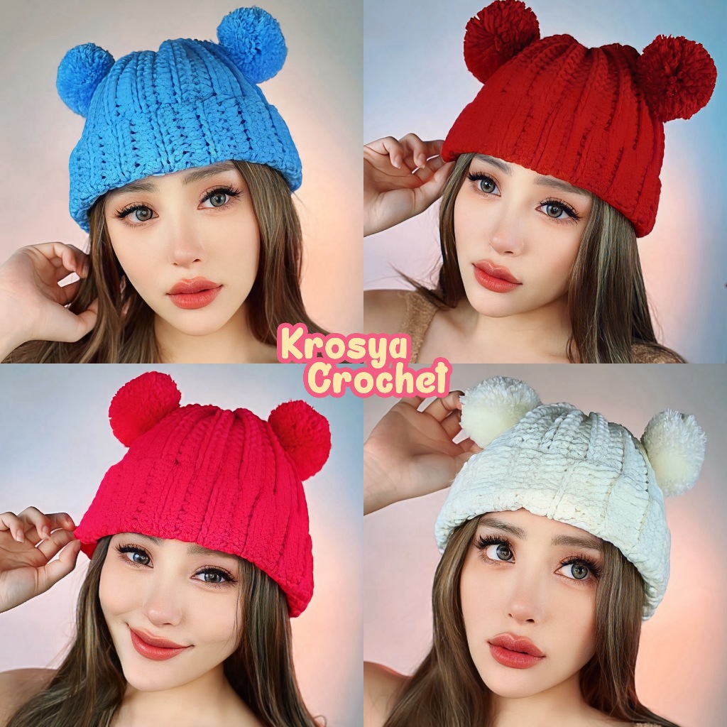 Jual Double Pom - Pom Beanie Topi Rajut Kuping Krosya Crochet Kupluk ...