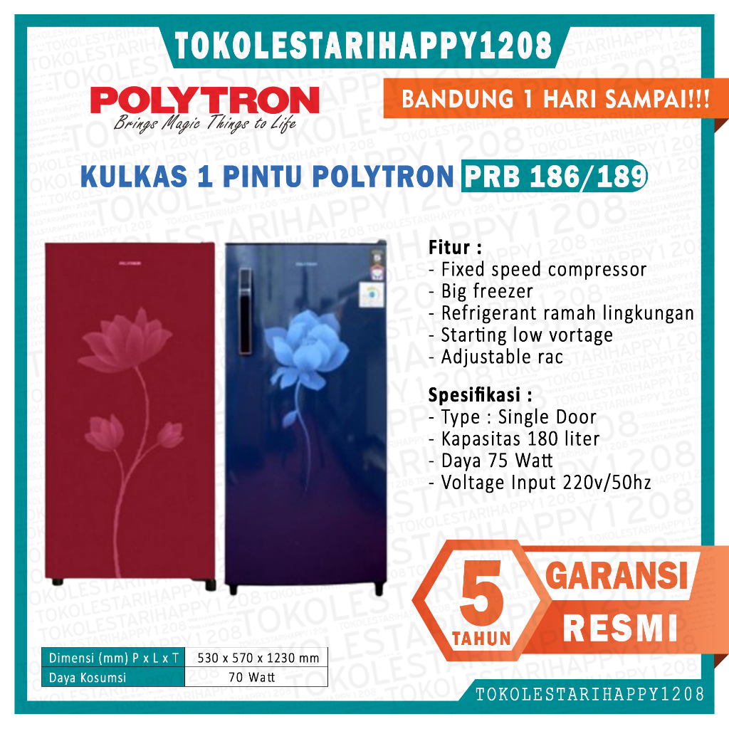 Jual KULKAS 1 PINTU POLYTRON PRB 186 / 189 BANDUNG KURIR TOKO 1 HARI ...