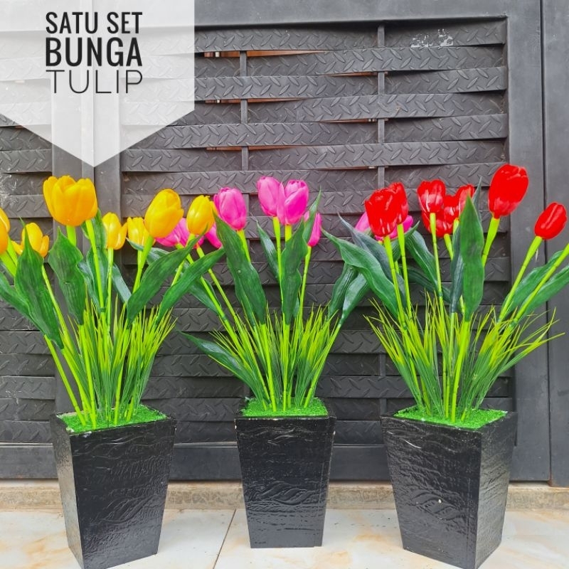 Jual SATU SET BUNGA TULIP DAN POT KAYU BUNGA ARTIFICIAL BUNGA PLASTIK ...