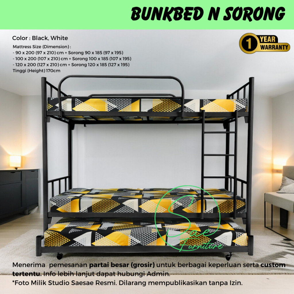 Jual Ranjang Besi Susun dan Sorong 3 Tingkat 90x200 100x200 120x200 ...