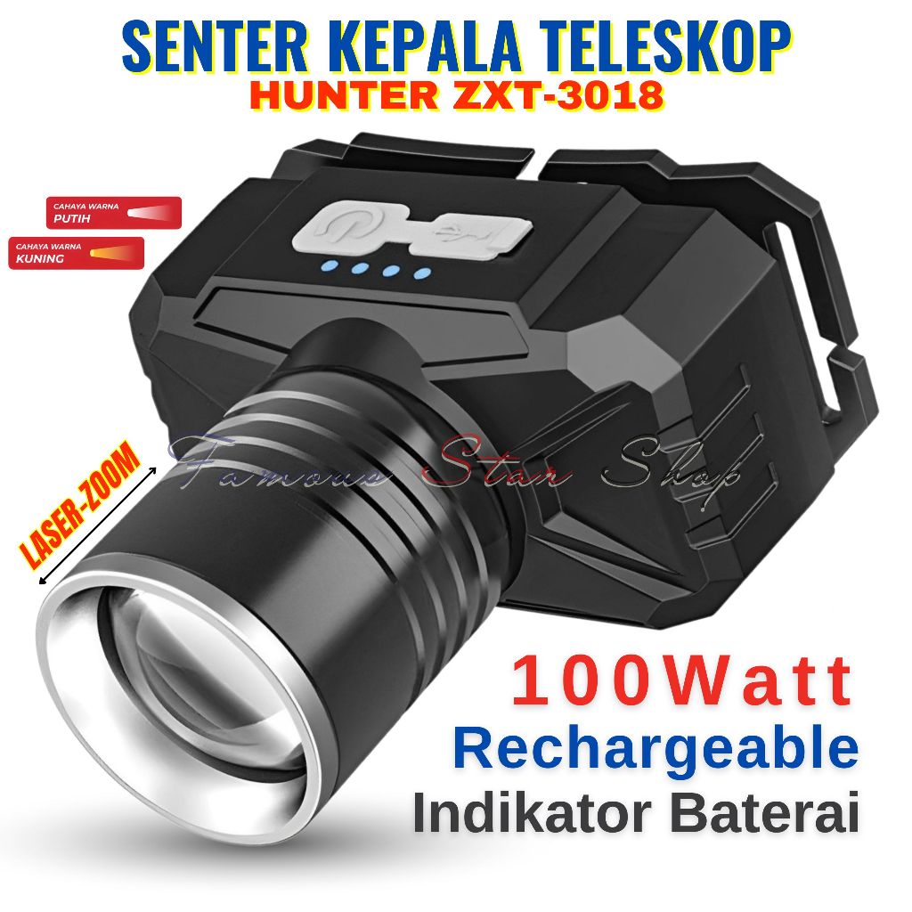 Jual Senter Kepala Lensa Zoom Laser Terbaru Daya 100 Watt Tahan Air Dan Benturan HUNTER ZXT-3018 ...