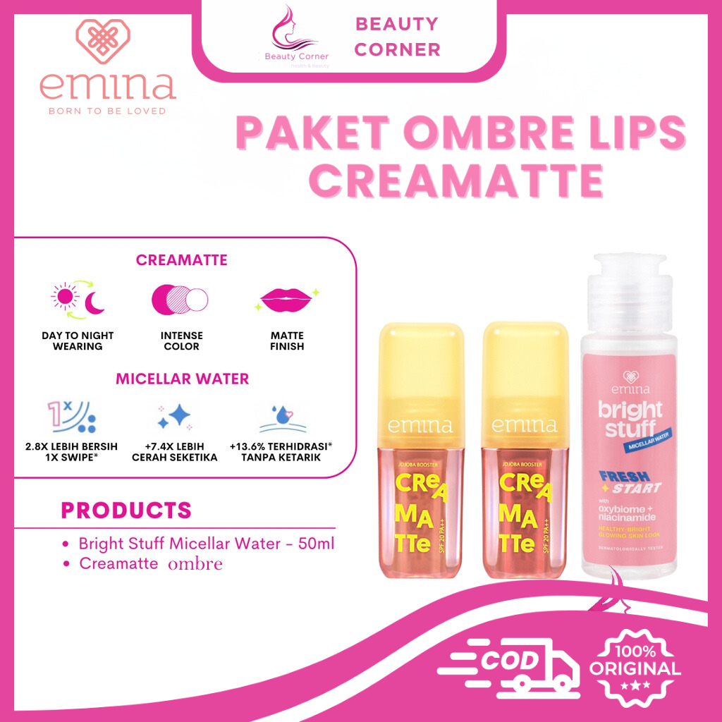 Jual EMINA Ombre Lips Creamatte Lip Cream + Bright Stuff Micellar Water ...