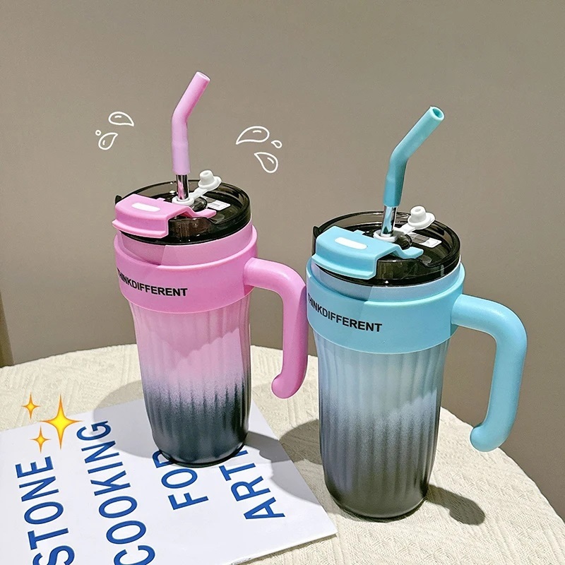 Jual Tumbler Gradasi Handle dengan Sedotan Stainless 2 Cara Minum 860ml ...