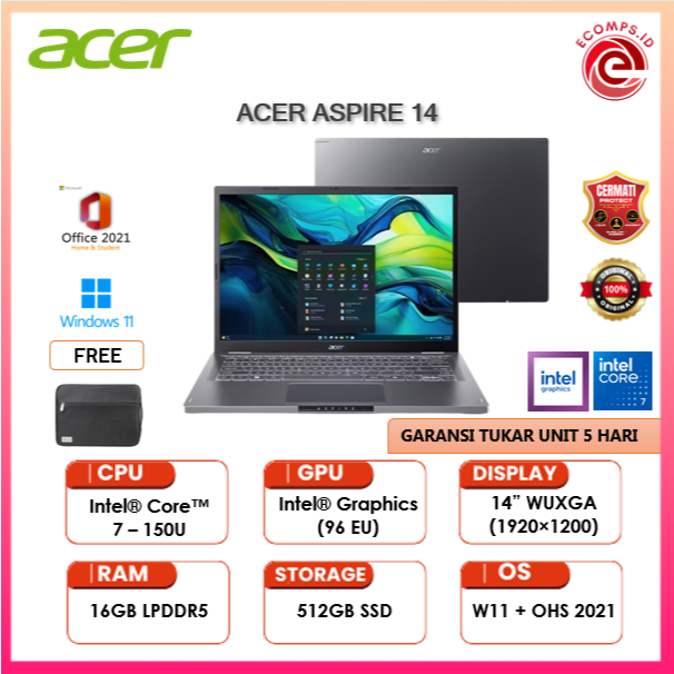Jual ACER Aspire A14-51M-70C1 Core 7-150U DDR5 16G 512G 14" WUXGA IPS ...
