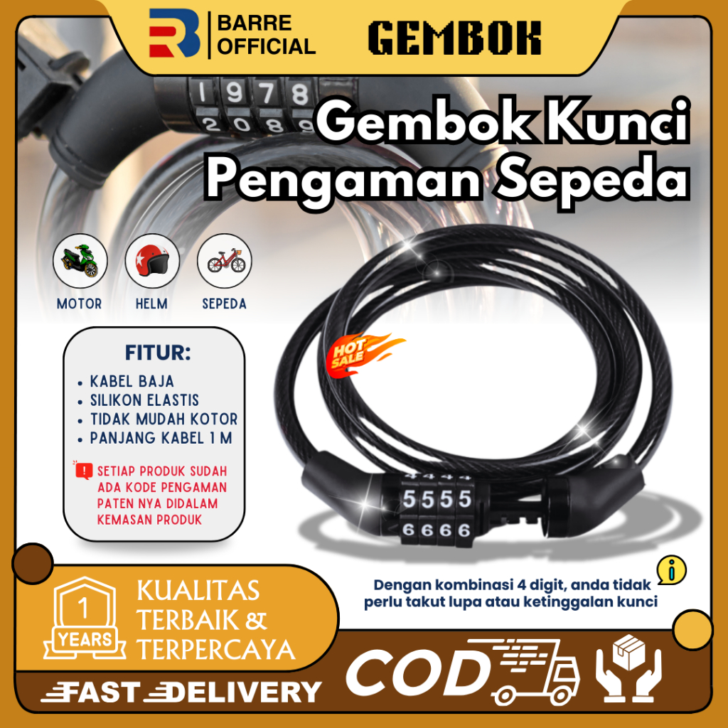 Jual BARRE Gembok Seling Pin 4 DIGIT Kunci Pengaman Sepeda Motor Helm ...