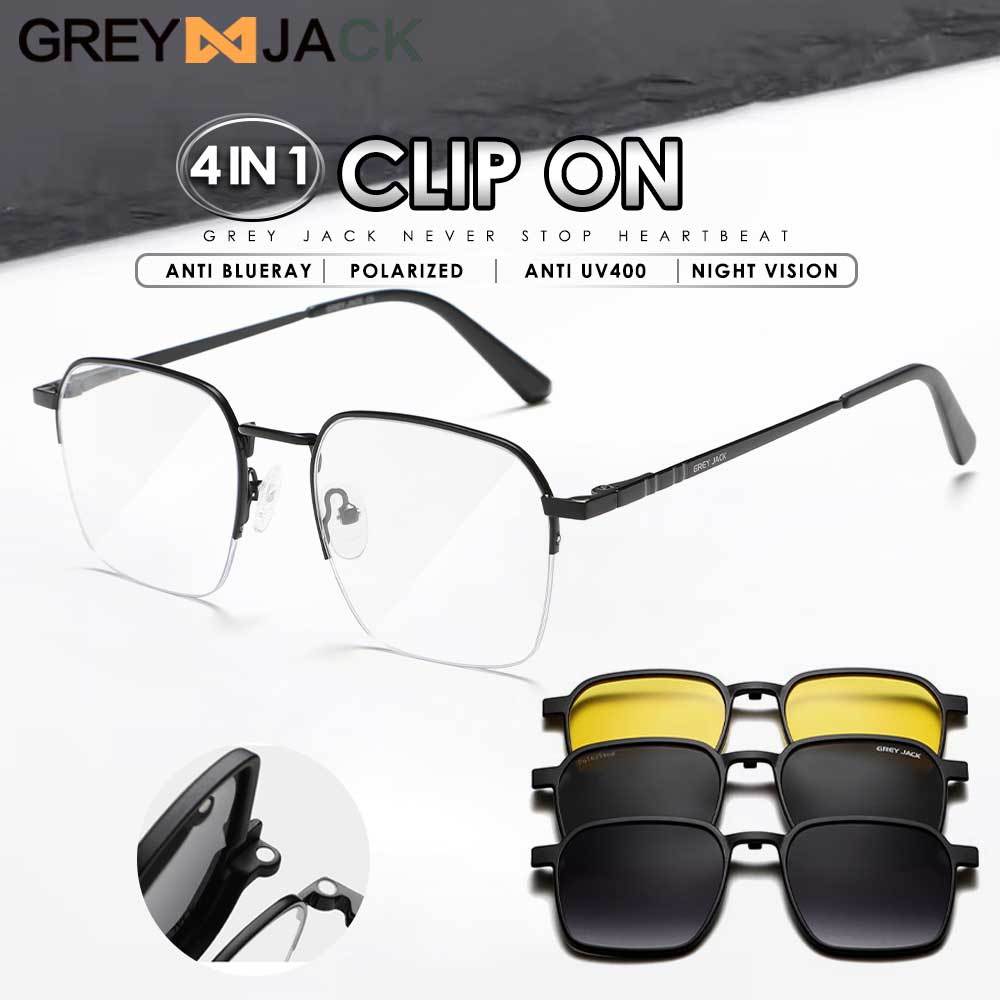 Jual Grey Jack Kacamata Dewasa Clip On 4in 1 Free 3 Lens Sunglasses Polarized Metal Kotak Pria ...