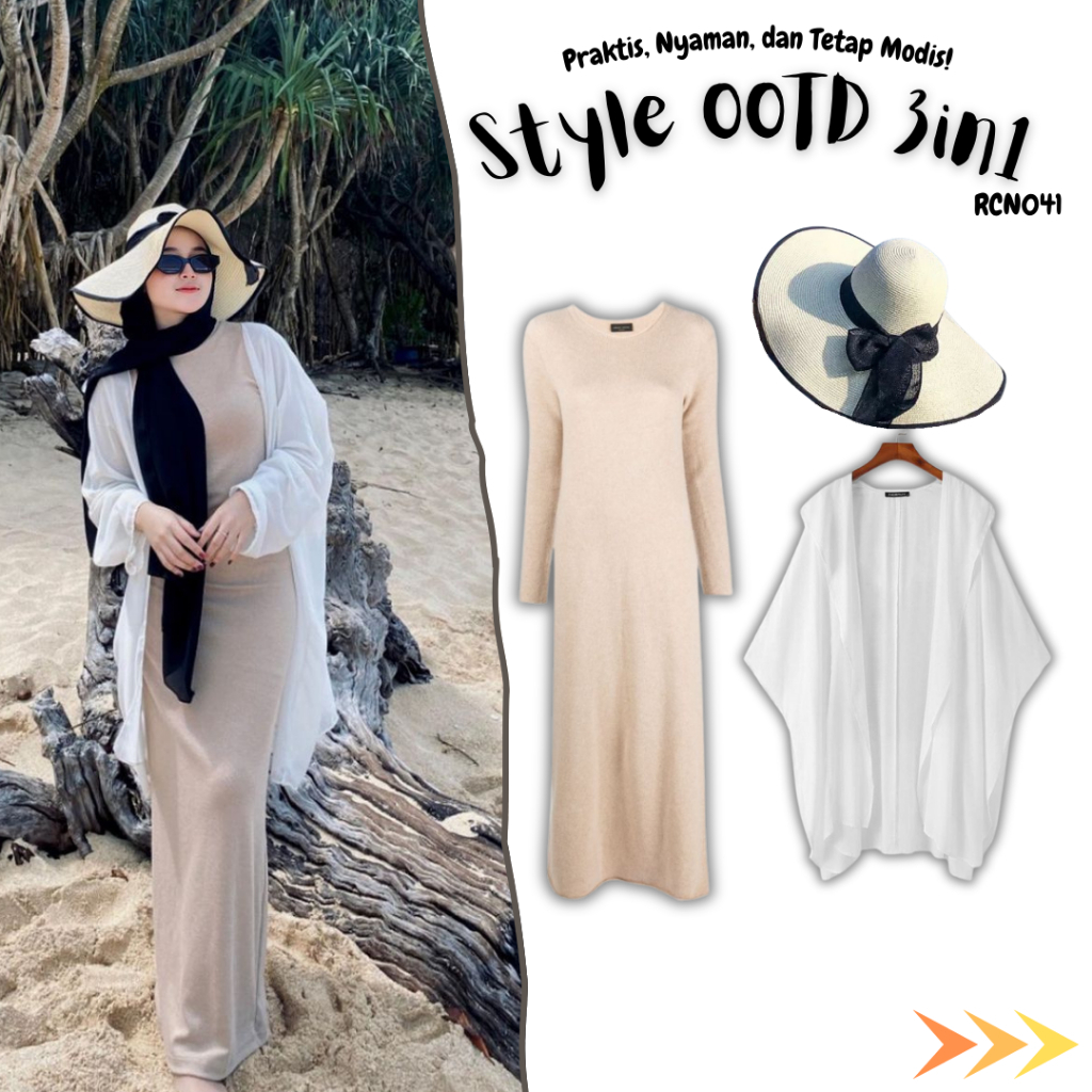Jual Oneset Pantai Wanita Kekinian- Long Dress Slim & Topi pantai FREE ...