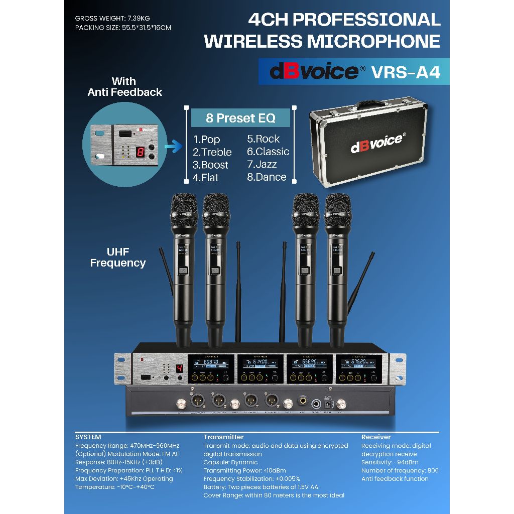 Jual 4Ch Professional Wireless Microphone with 8Preset EQ dBvoice VRS ...