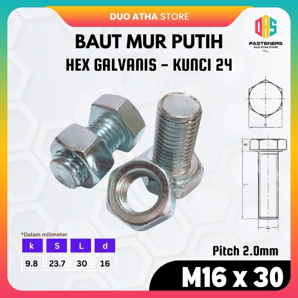 Jual M16x30 Baut Mur Putih M16 x 30 BMP M16x30 Galvanis Putih Kunci 24 | Shopee Indonesia