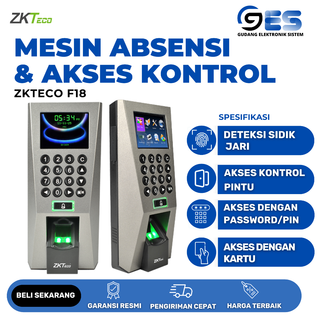 Jual Mesin Absensi Fingerprint Sidik Jari Zkteco F18 Support ADMS Bisa Akses Kontrol Pintu ...