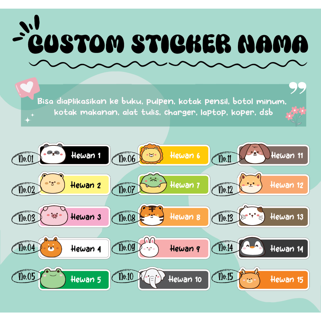 Jual STICKER STIKER LABEL NAMA LEBEL CUSTOM ANIMAL PREMIUM MURAH BUKU ...