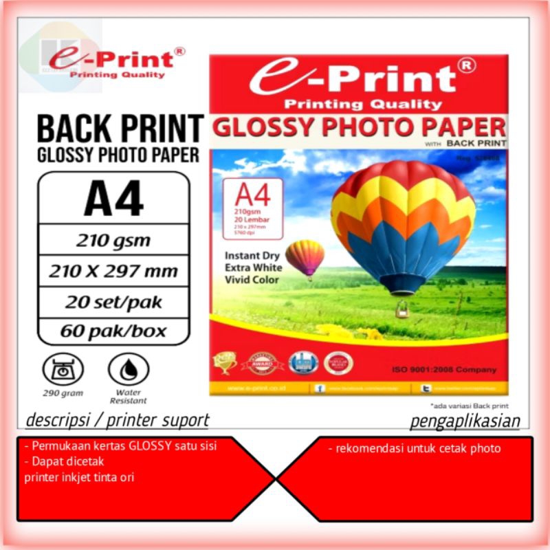 Jual kertas foto glossy 210 gsm A4 isi 20 lembar watermark kertas foto ...