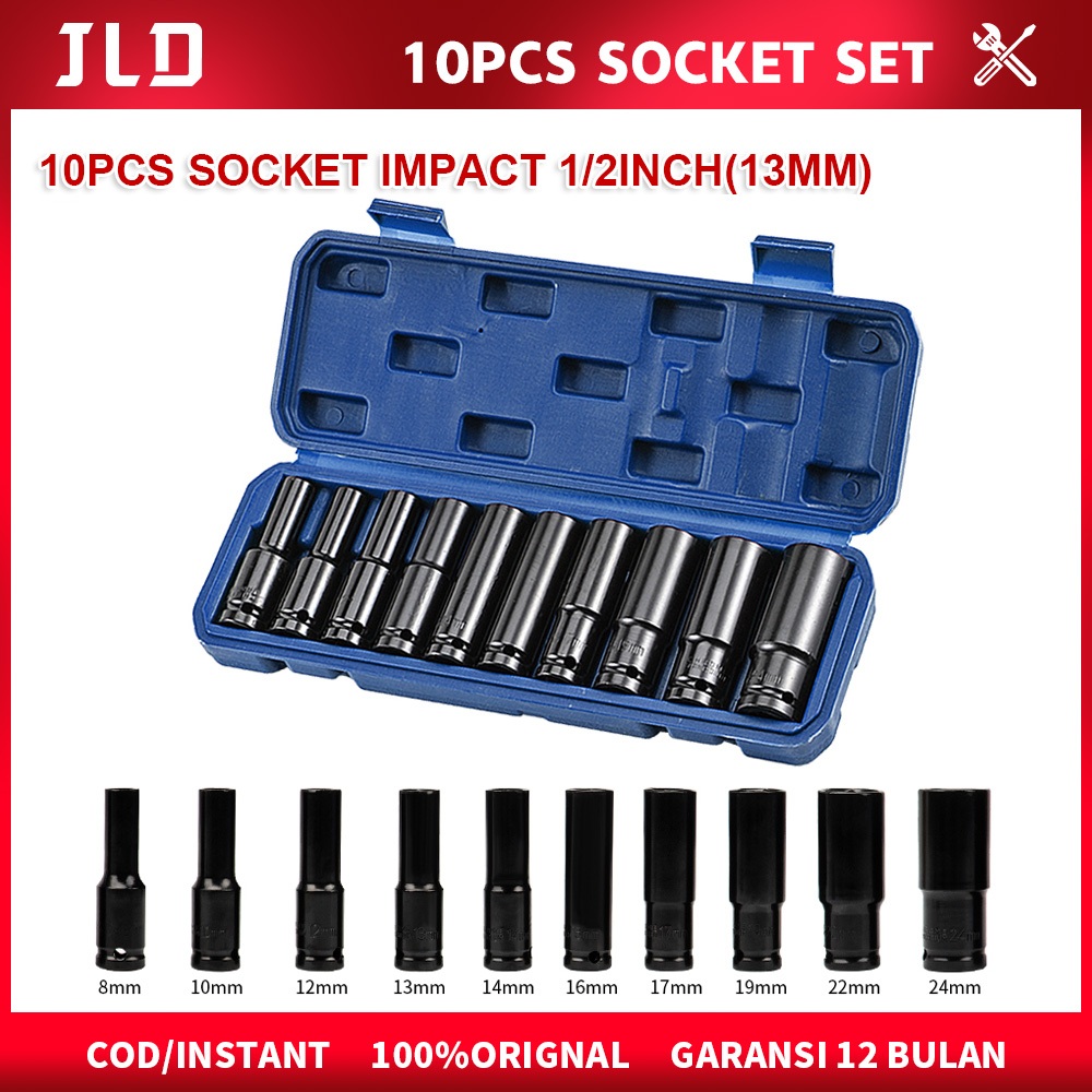 Jual JLD 10pcs Mata shock impact set 1/2inch(13mm) 8-24mm mata socket panjang mata kunci sock ...