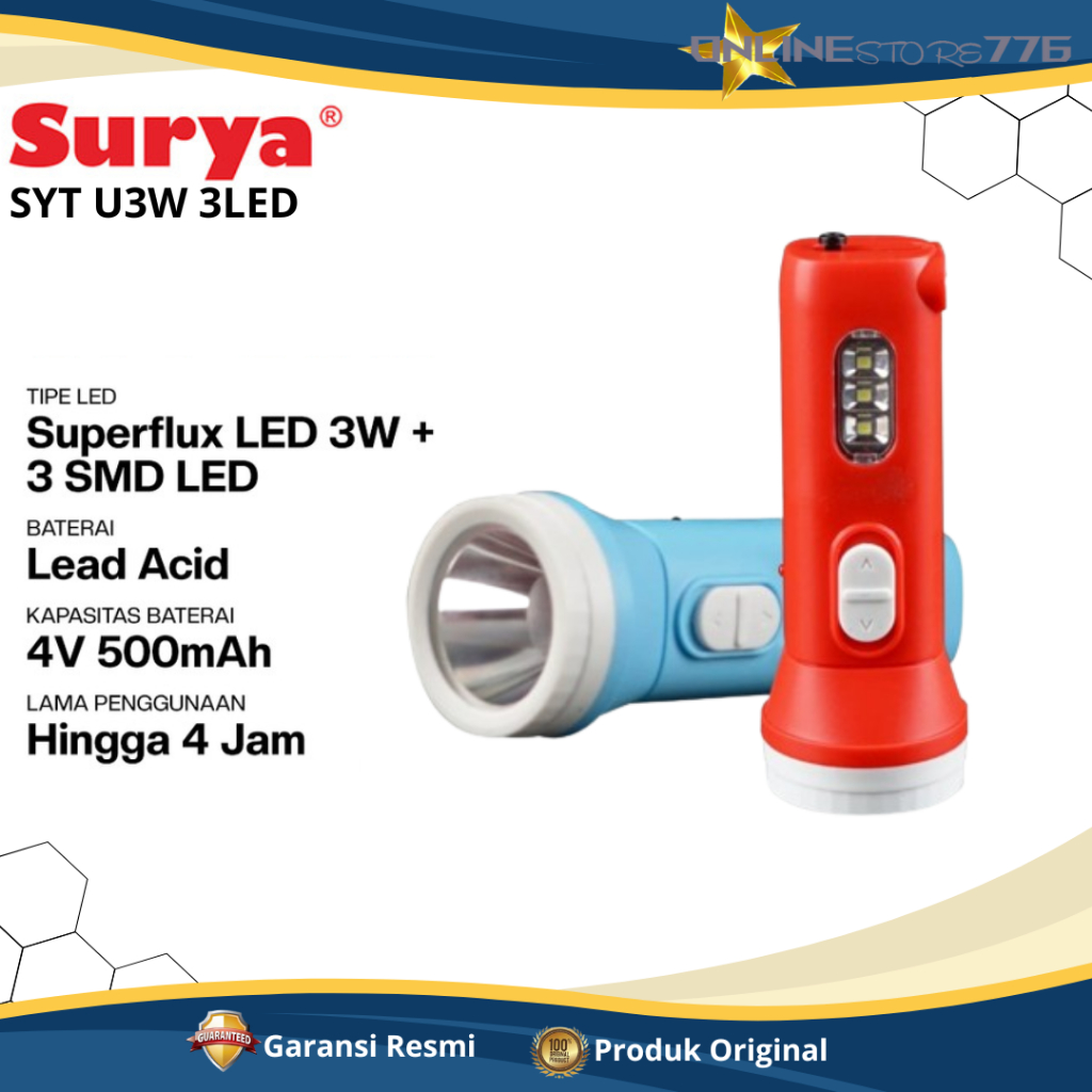 Jual Surya Senter Tangan LED SYT U3W 3 LED Cahaya Putih 3Watt ...