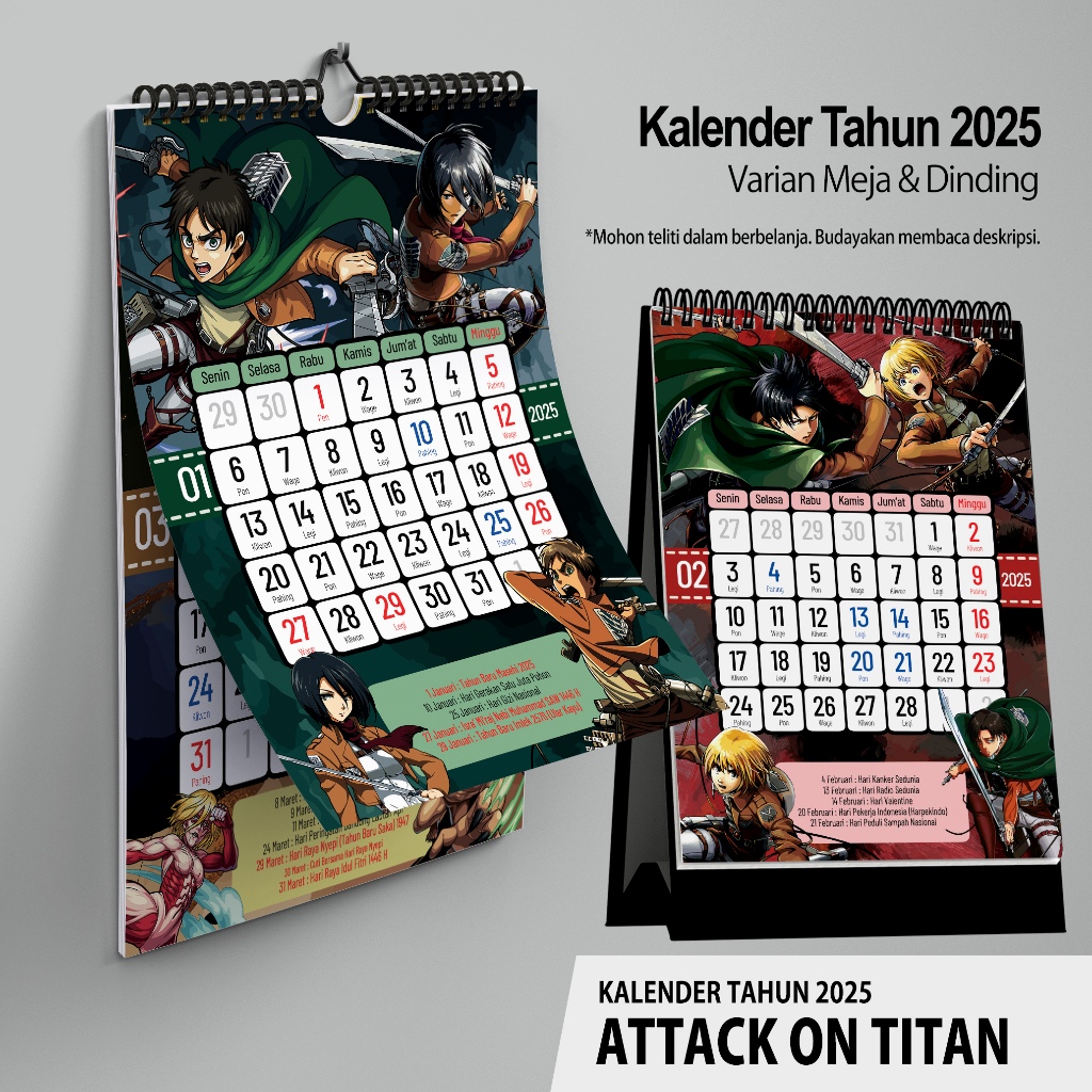 Jual KALENDER 2025 𝗔𝗢𝗧 (𝗔𝘁𝘁𝗮𝗰𝗸 𝗢𝗻 𝗧𝗶𝘁𝗮𝗻) Anime Dinding A4 dan Meja A5 ...