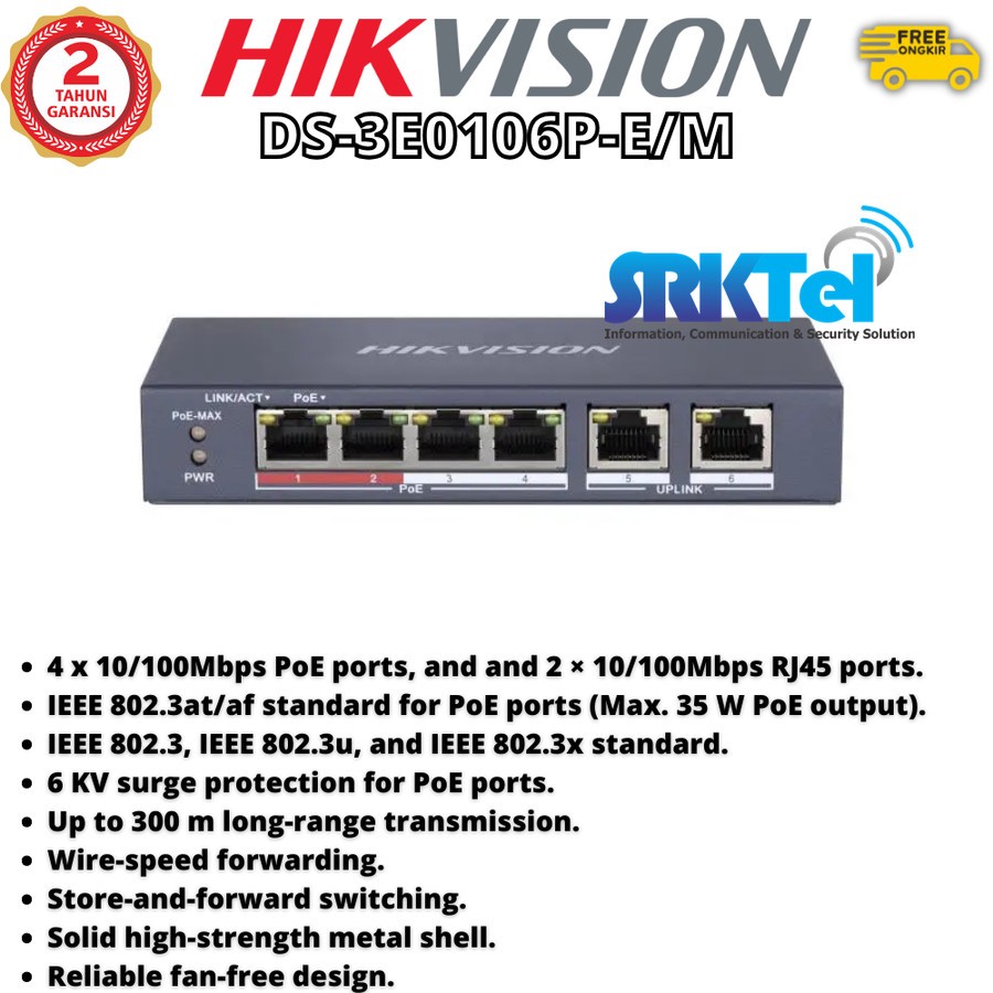 Jual Hikvision DS-3E0106P-E/M Switch Hub Poe 4 port 2 uplink Max 35W | Shopee Indonesia