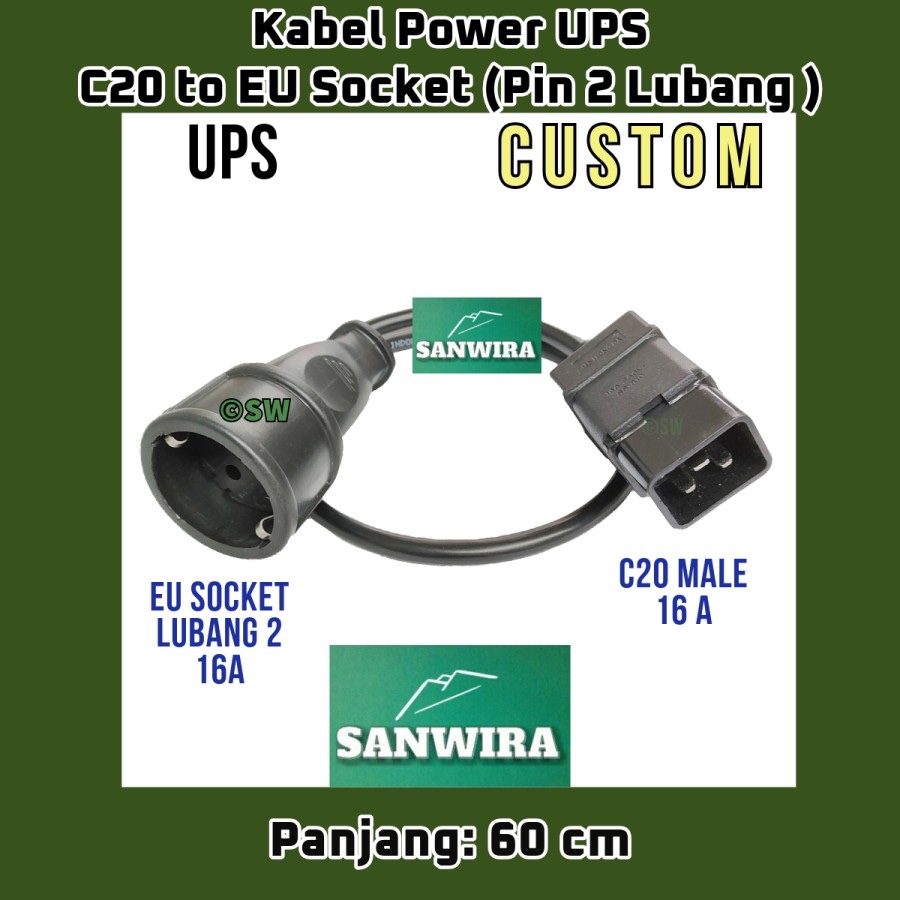 Jual Kabel Power UPS C20 to Socket EU pin 2 lubang/ kabel power ups c ...