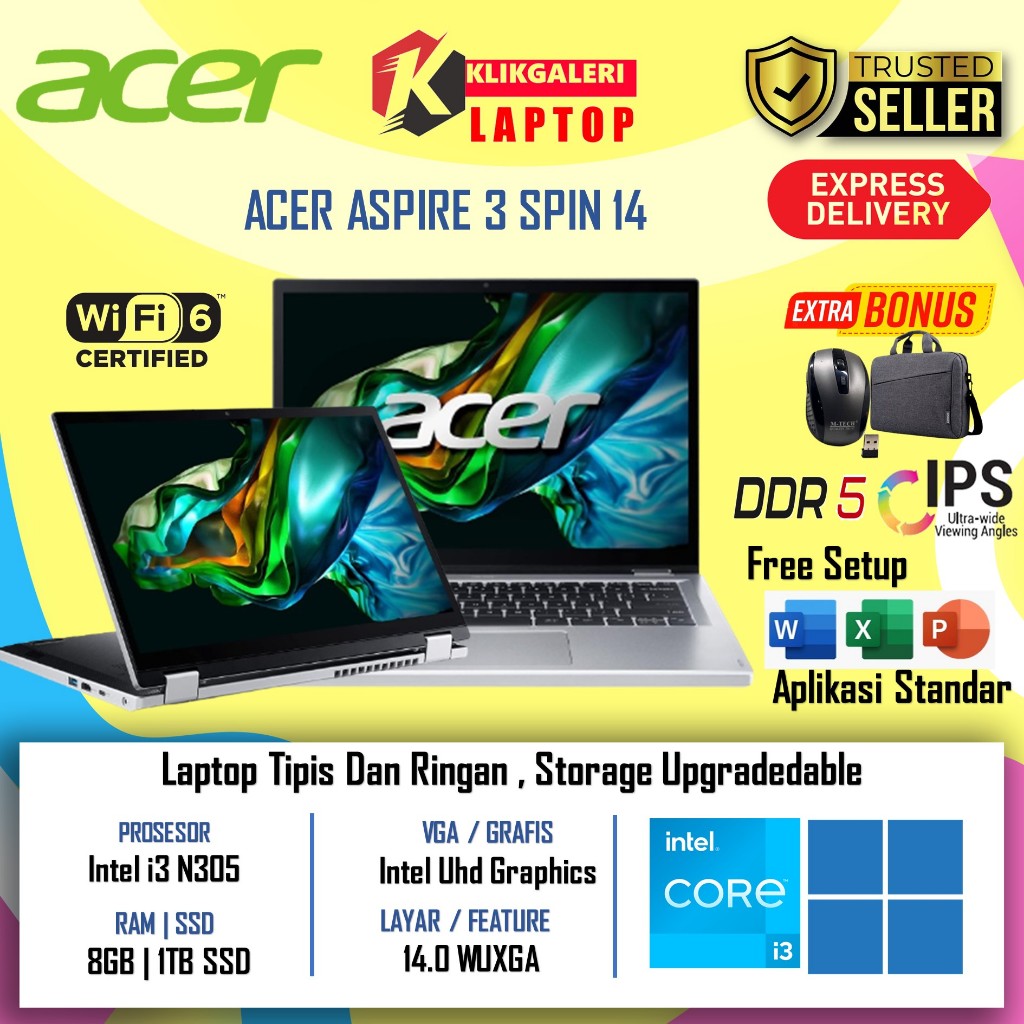 Jual Laptop Flip Touchscreen Acer Aspire 3 Spin 14 A3SP14 31PT Intel i3 ...