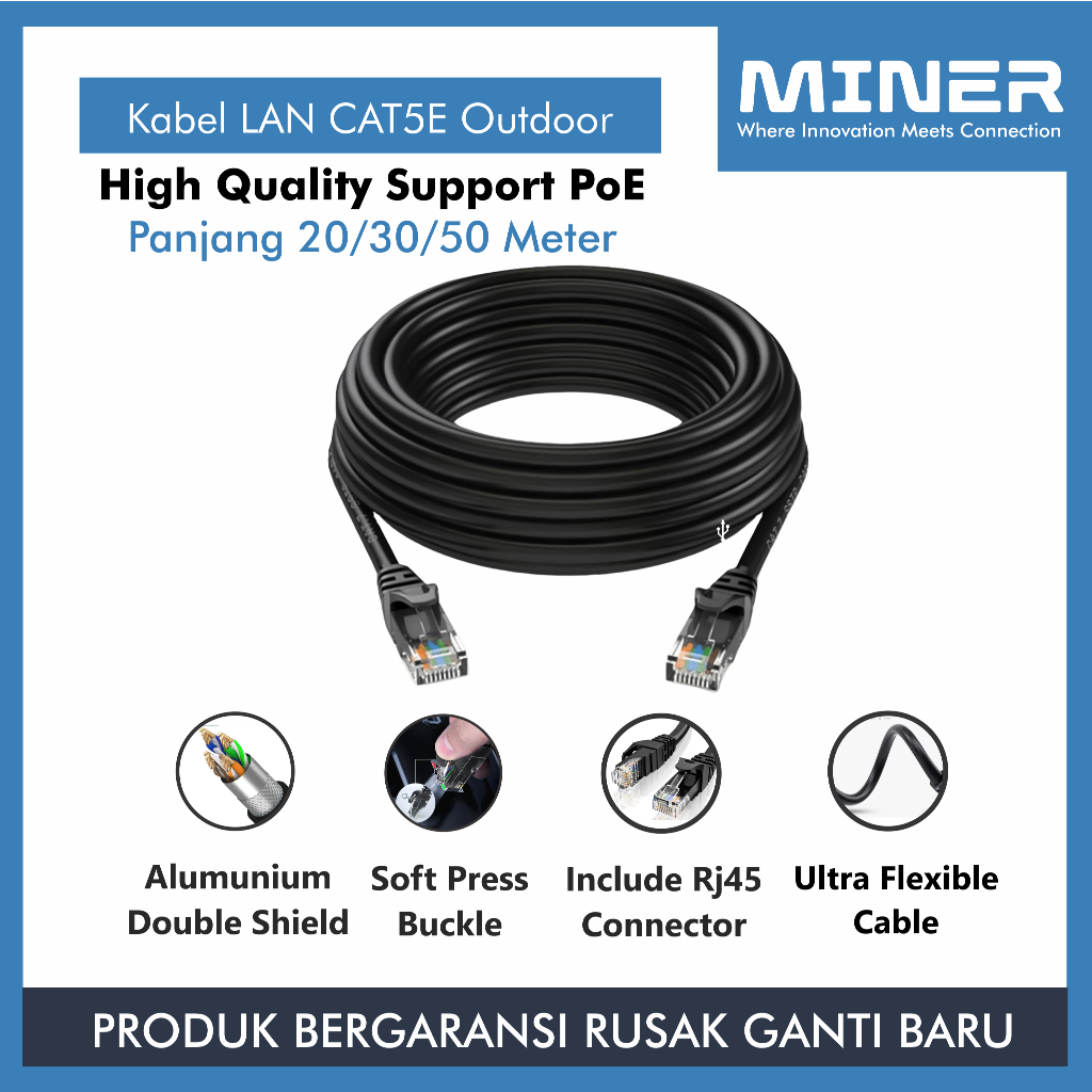 Jual MINER Kabel LAN CAT5E Outdoor High Quality Support POE Panjang 20/30/50 Meter | Shopee ...