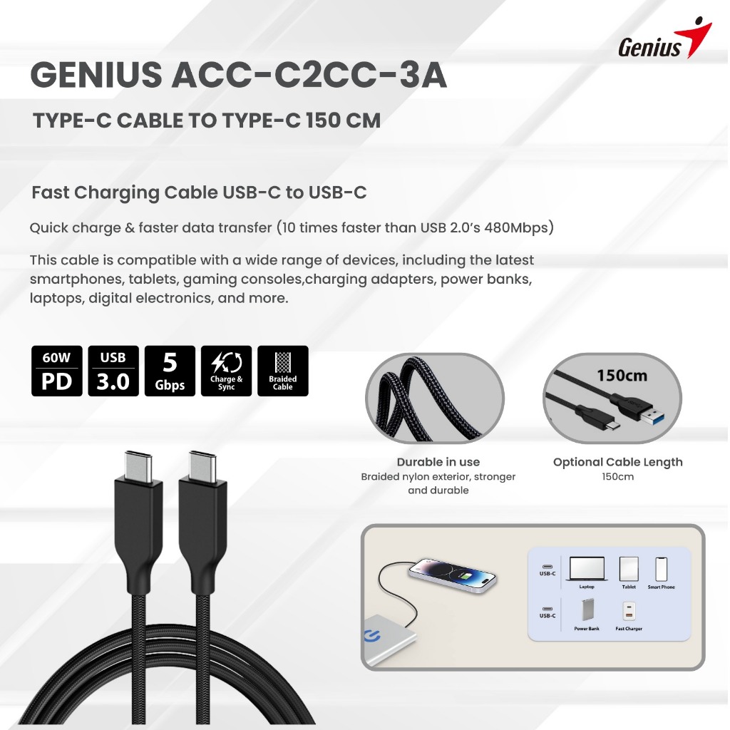 Jual Genius ACC-C2CC-3A Kabel Type-C To Type-C 150CM Fast Charging 150CM Genius ACC-C2CC-3A ...