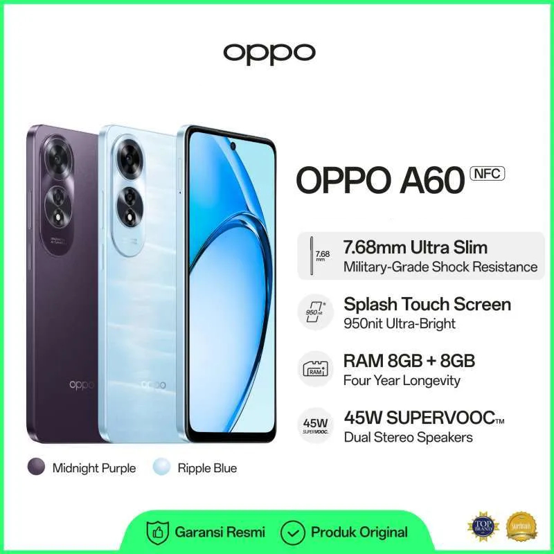 Jual Oppo A60 [8/256GB] 7.68MM Ultra Slim | Splash Touch Screen | 45W ...