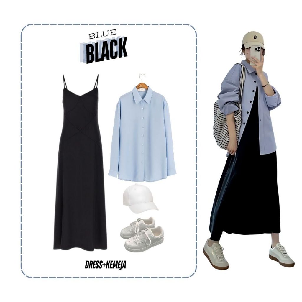 Jual 2in1 One set kemeja biru longdress hitam | outfit ootd setelan ...